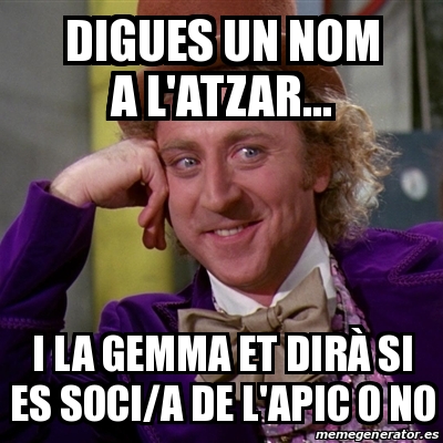 Meme Willy Wonka - DIGUES UN NOM A l'ATZAR... I LA GEMMA ET DIRÃ€ SI ES ...
