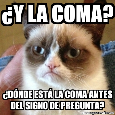 Meme Grumpy Cat - Â¿Y la coma? Â¿DÃ³nde estÃ¡ la coma antes del signo ...