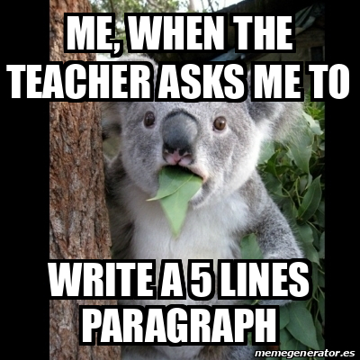 Meme Koala - Me, when the teacher asks me to write a 5 lines paragraph ...