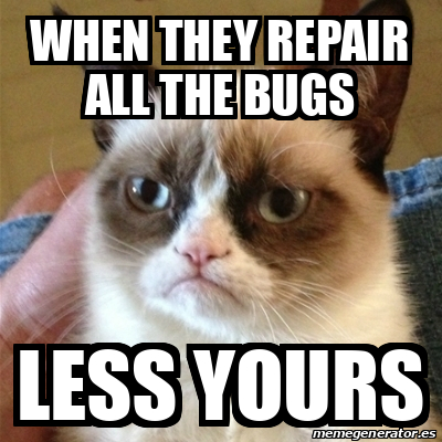Meme Grumpy Cat - when they repair all the bugs less yours - 32372474