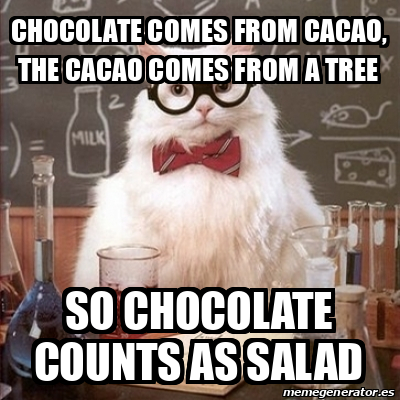 Meme Chemistry Cat - Chocolate comes from cacao, the cacao comes from a ...
