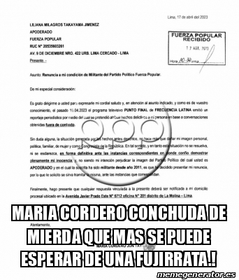 Meme Personalizado - MARIA CORDERO CONCHUDA DE MIERDA QUE MAS SE PUEDE ...