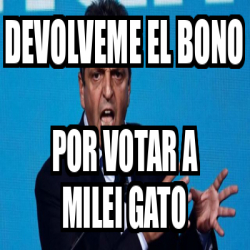 Meme Personalizado - Devolveme el bono por votar a milei gato - 33264725